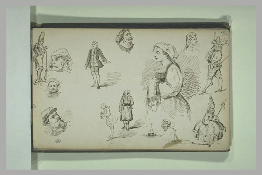 Etudes de personnages en costumes divers, et deux petites barques ...