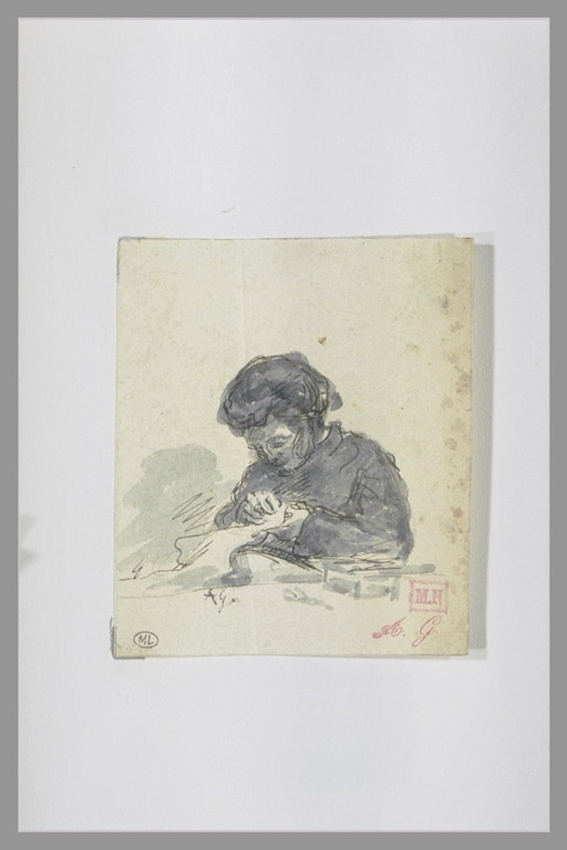Femme, assise derrière une table, vue à mi-corps, cousant - Amand ...