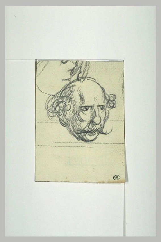 Tête d'homme âgé, le crâne dégarni, portant des moustaches ; croquis de ...