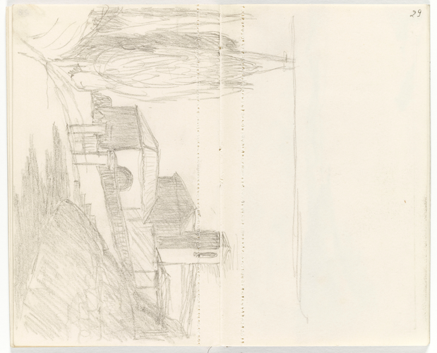 Groupe de bâtiments derrière un mur avec groupe de cyprès à gauche et ...