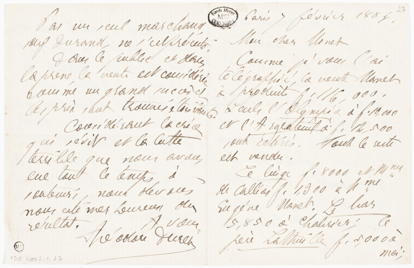 Lettre autographe signée de Théodore Duret à Claude Monet - Théodore ...