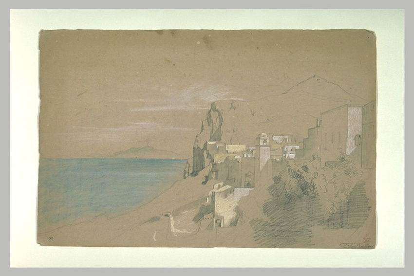 Ville dominée par une montagne, en bord de mer - Félix Joseph Barrias ...
