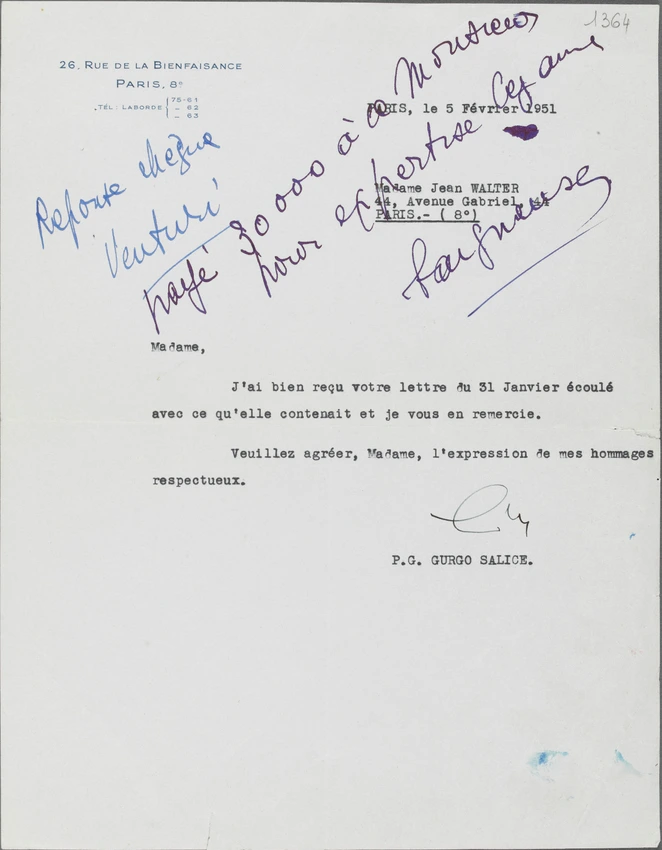 Lettre dactylographiée de P. G. Gurgo Salice à Domenica Walter - P. G ...