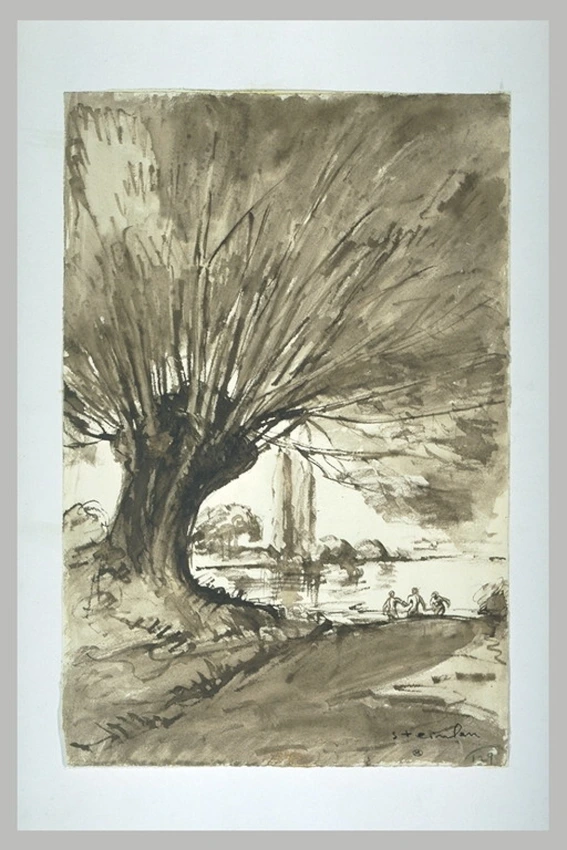 Paysage : grand saule domine les rives d'un plan d'eau, et trois baigneuses - Théophile ...