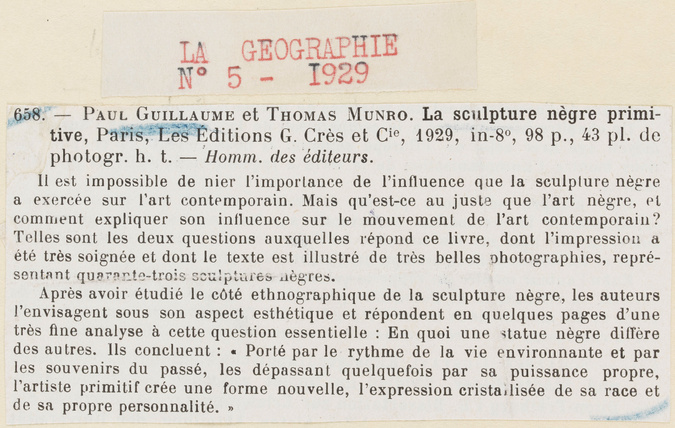 Paul Guillaume et Thomas Munro. La Sculpture nègre primitive - Anonyme ...