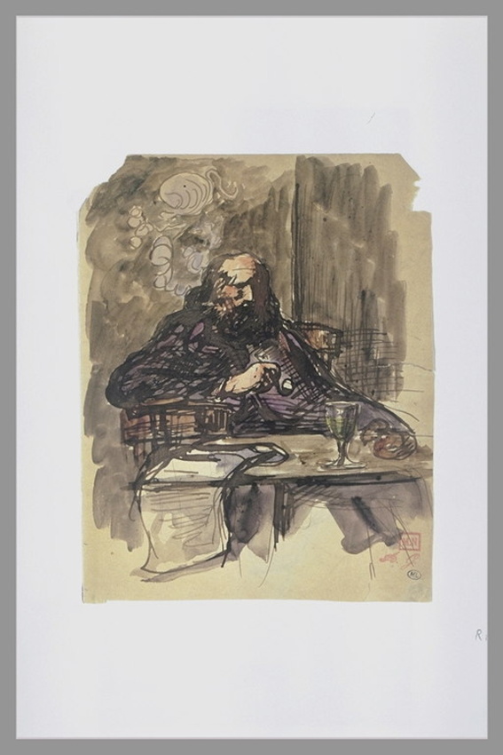 Un homme barbu, assis derrière une table, tenant une pipe - Amand ...