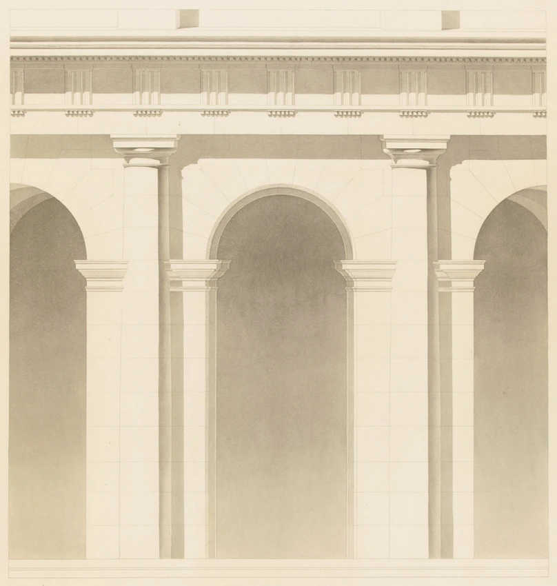 Arcade d'une galerie entourée de colonnes doriques adossées et ...