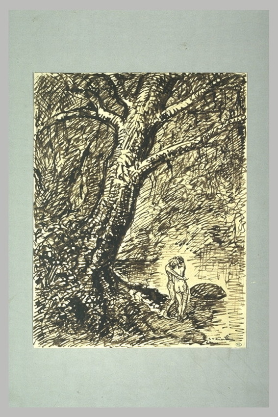 L'heureux moment : couple nu, debout, enlacé sous des grands arbres - Théophile Alexandre ...