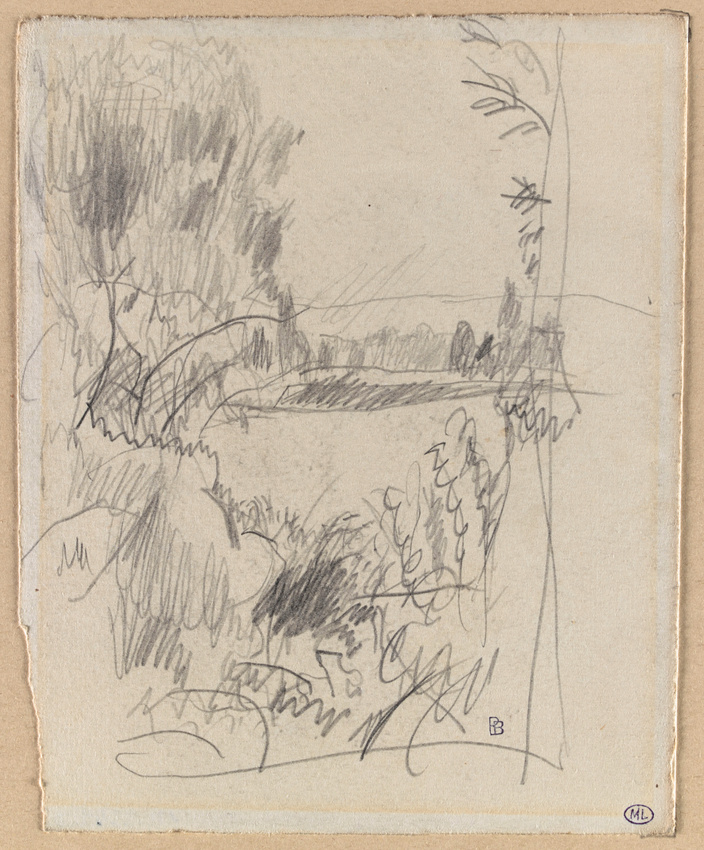 Croquis de paysage avec arbres et buissons encadrant un champ - Pierre ...