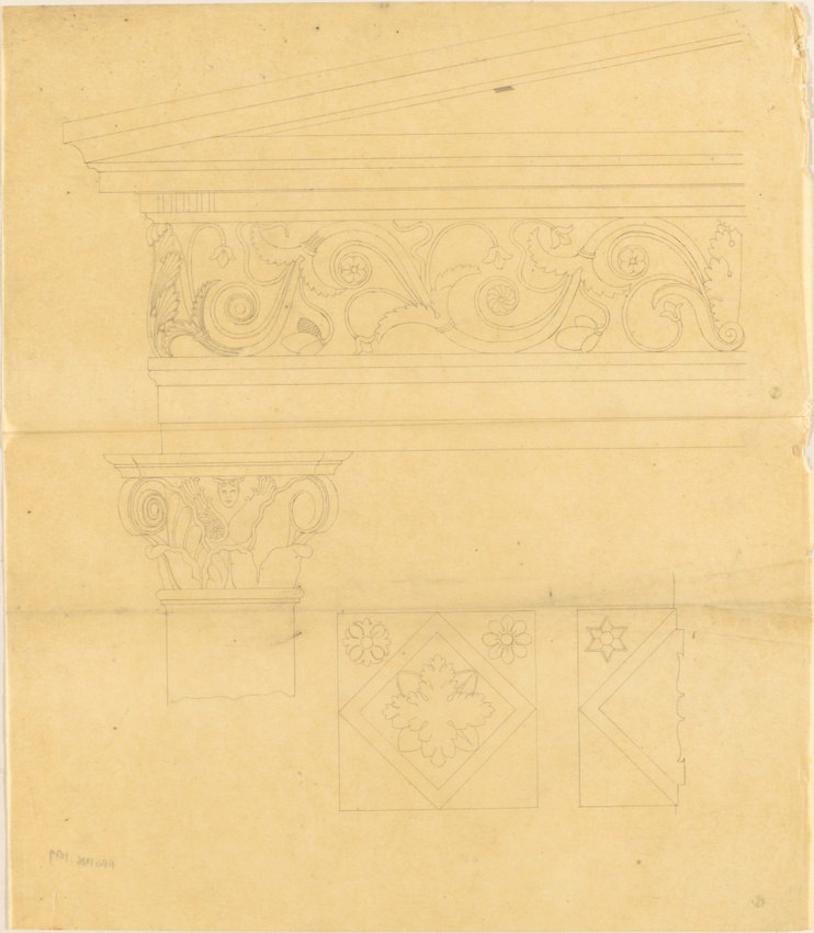 Entablement d'un bâtiment, voie des Tombeaux à Pompéi, chapiteau et ...