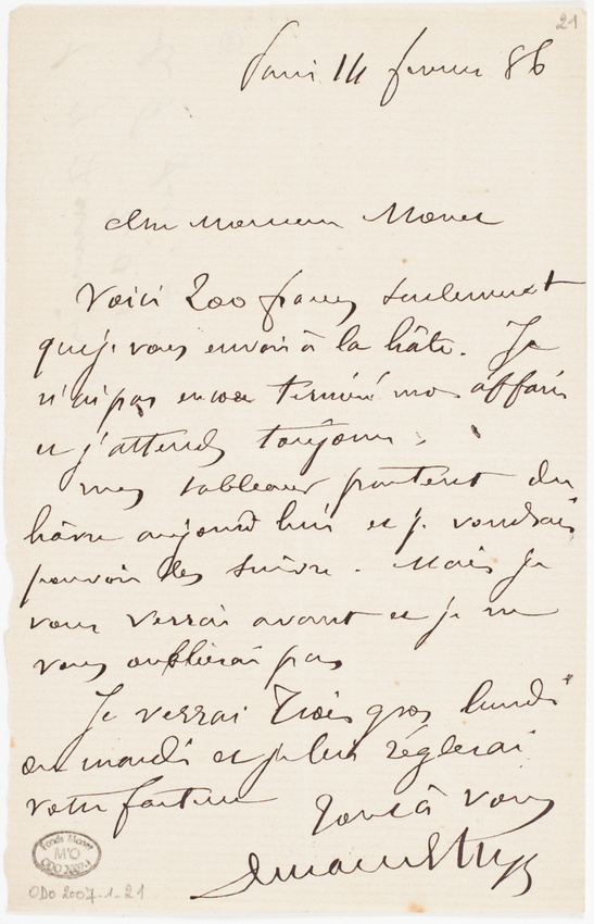 Lettre autographe signée de Paul Durand-Ruel à Claude Monet - Paul ...