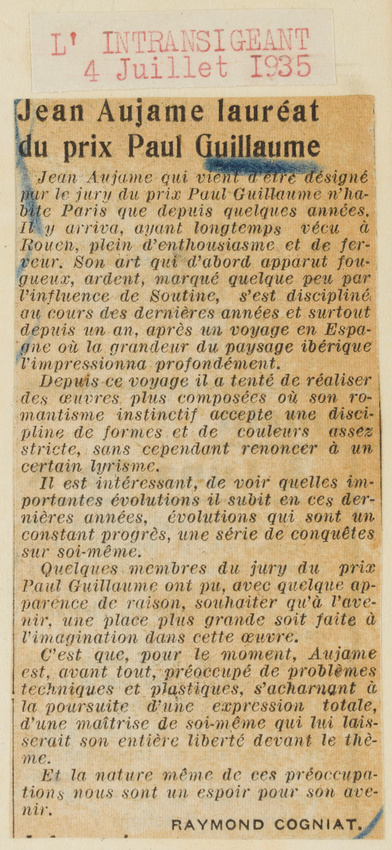 Jean Aujame lauréat du prix Paul Guillaume - Raymond Cogniat | Musée de ...
