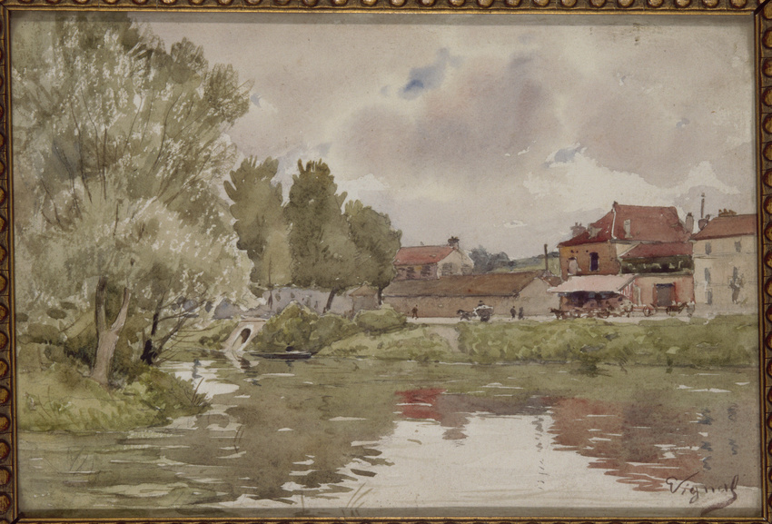 Paysage : maisons au bord d'un cours d'eau - Pierre Vignal | Musée d'Orsay