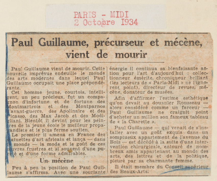Paul Guillaume, précurseur et mécène, vient de mourir - Anonyme | Musée ...