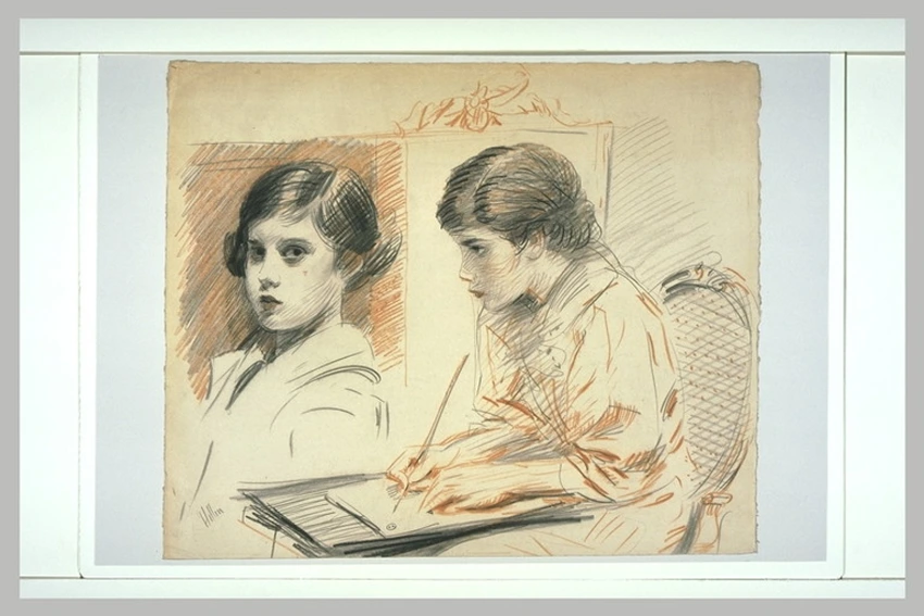 Paulette assise, de trois quarts à gauche, dessinant ; Paulette, en ...