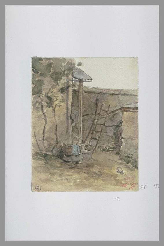 Cour de ferme (?) avec une étoffe bleue dans une bassine - Amand ...