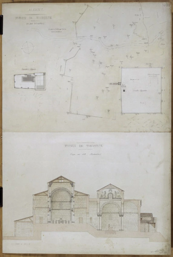 Algérie, ruines de Théveste (Tébessa), plan général et coupe de la ...