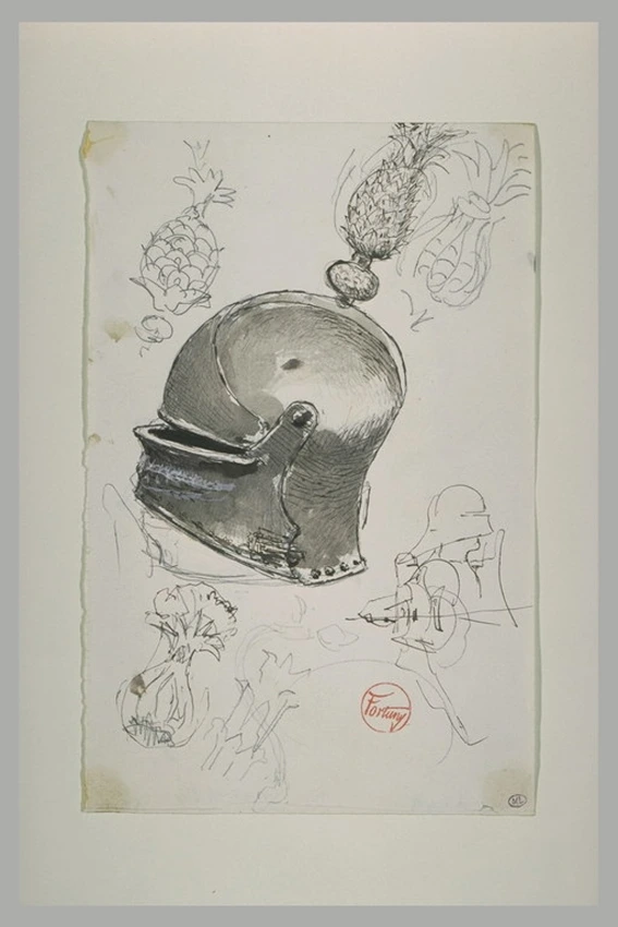 Etudes d'un heaume à cimier en forme d'ananas, et profil d'homme casqué ...