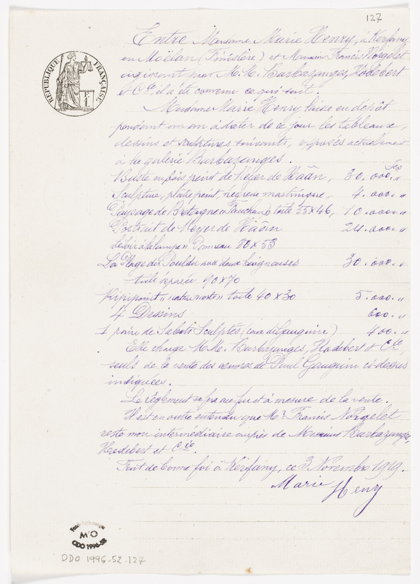 Lettre de Marie Henry à Francis Norgelet - Marie Henry | Musée d'Orsay