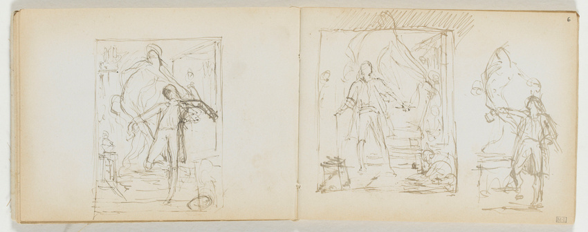 Sculpteur dans son atelier debout devant une statue colossale ...