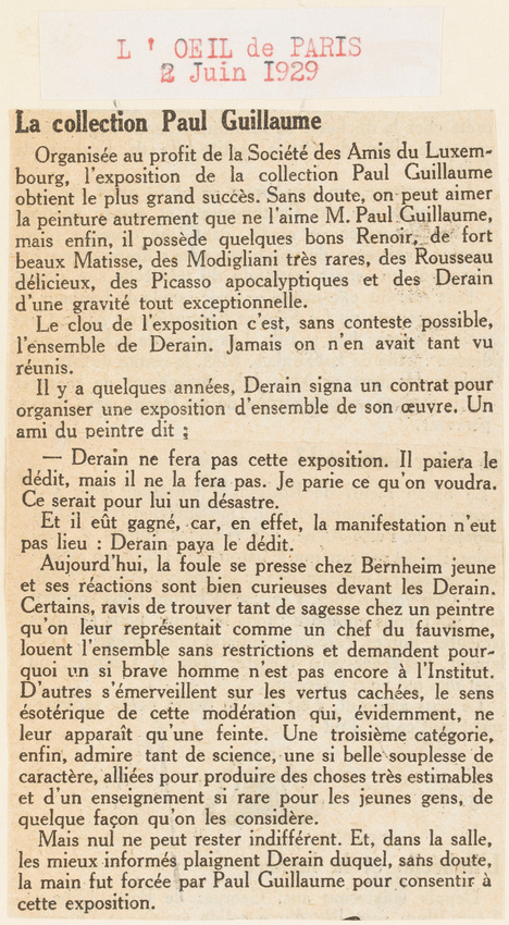 La collection Paul Guillaume - Anonyme | Musée de l'Orangerie