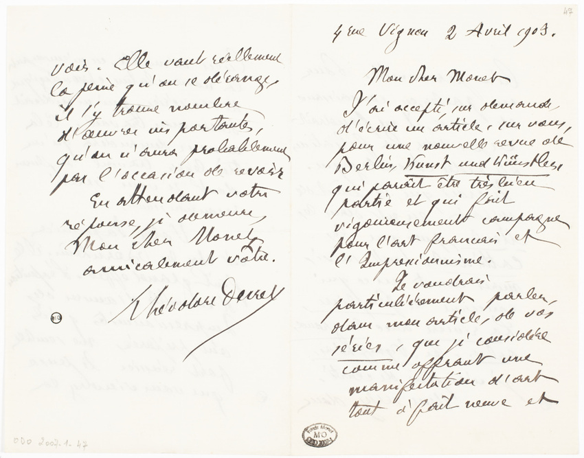 Lettre autographe signée de Théodore Duret à Claude Monet - Théodore ...
