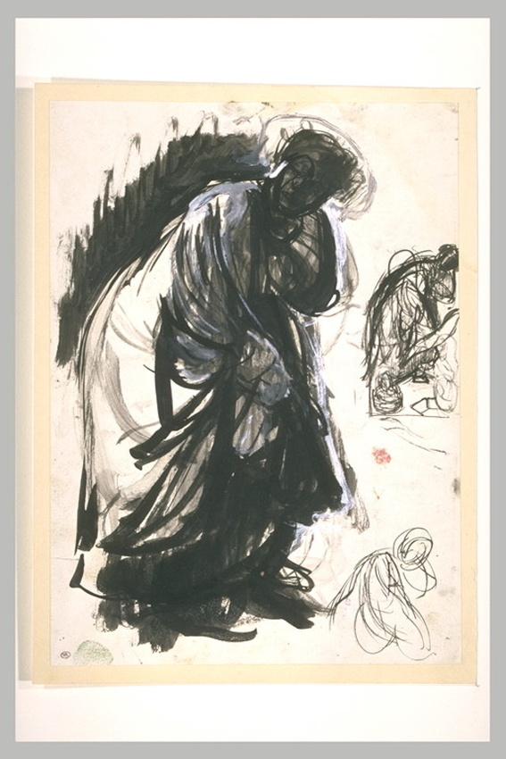 Vieille femme drapée penchée en avant, deux reprises de la même figure ...