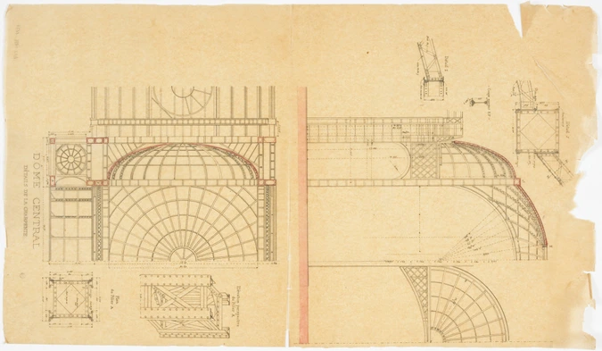 Coupe d'une coupole à charpente métallique et détails des piliers et ...