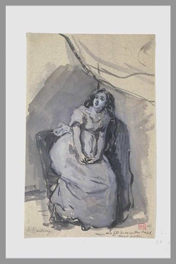 Femme échevelée, le regard fixe, assise, les mains jointes sur le ...