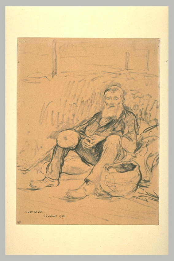 Chemineau assis au bord de la route avec un panier près de lui - Jules ...