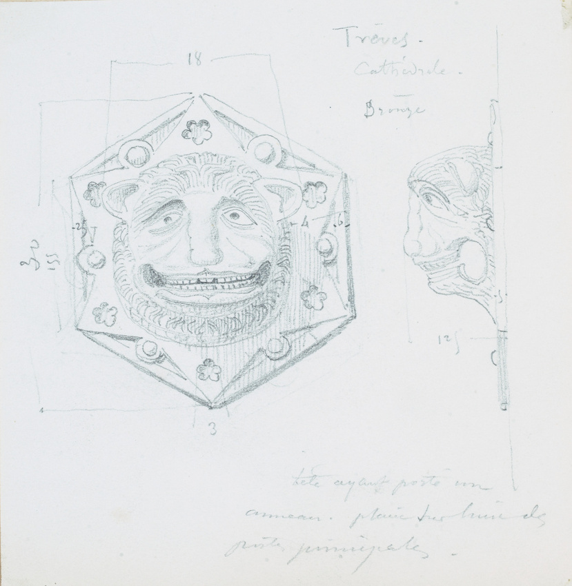 Trèves, cathédrale, tête ayant porté un anneau, sur l'une des portes ...