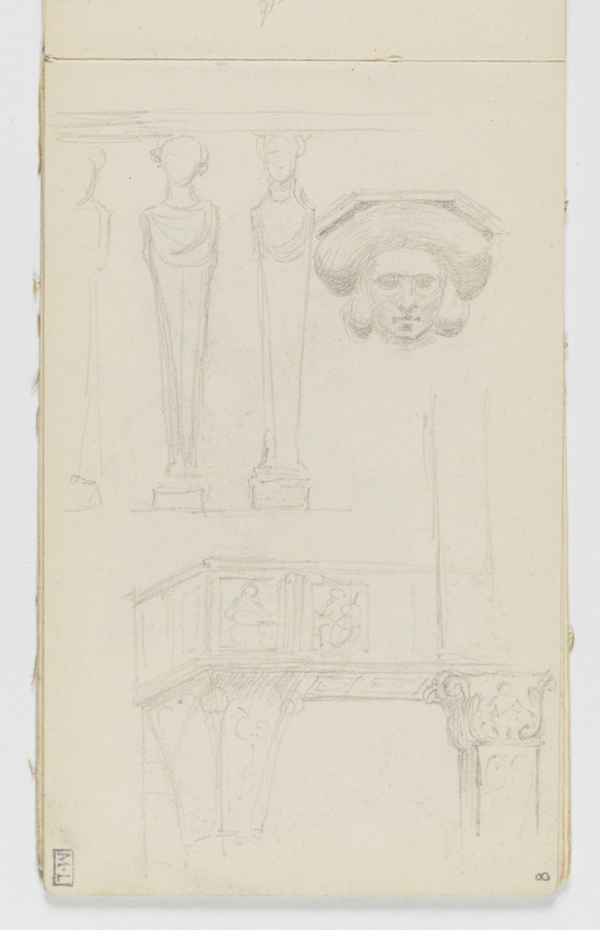 Détail d'une balustrade avec piliers en forme de termes ; tête de face ...