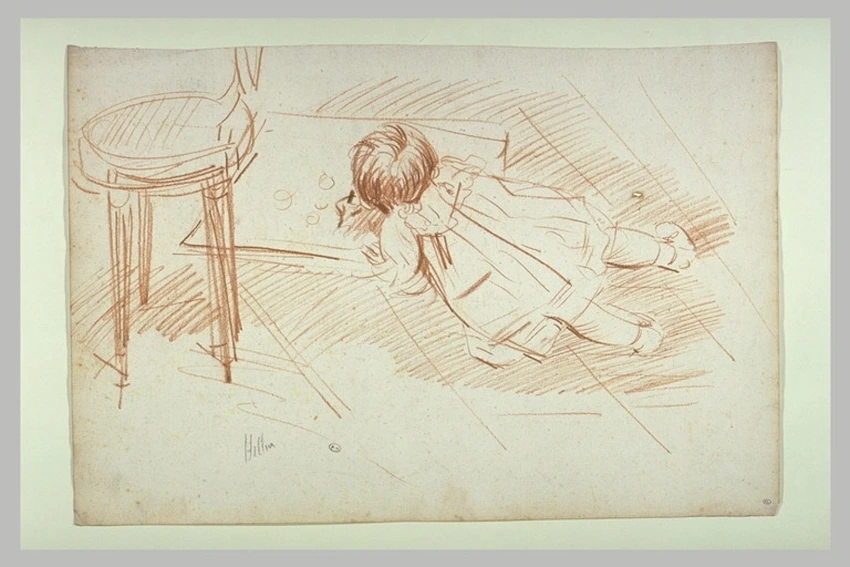 Paulette enfant, à plat ventre par terre, dessinant - Paul Helleu ...