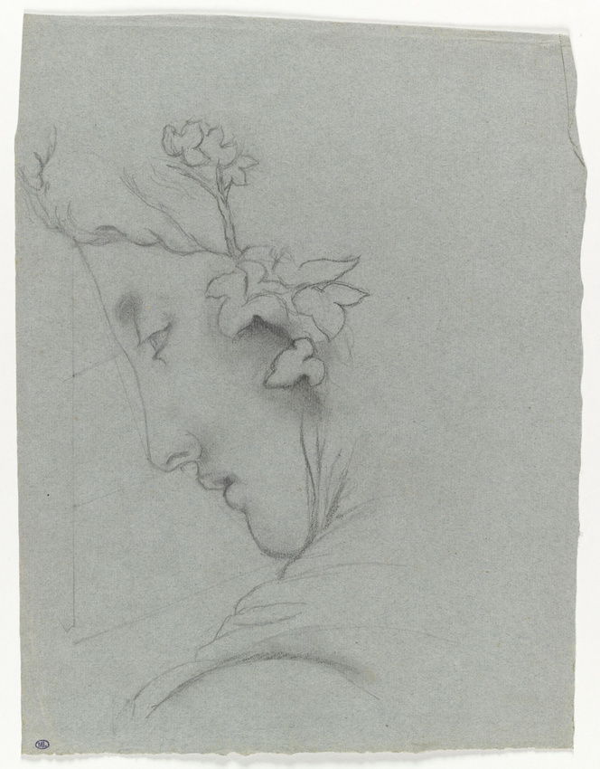 Tête féminine ceinte de feuilles de lierre, de profil à gauche avec ...