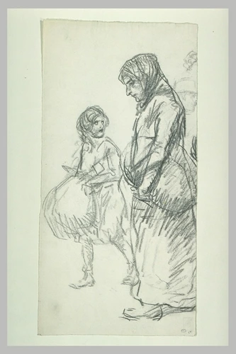 Femme et enfant marchant tenant chacune un baluchon - Théophile ...