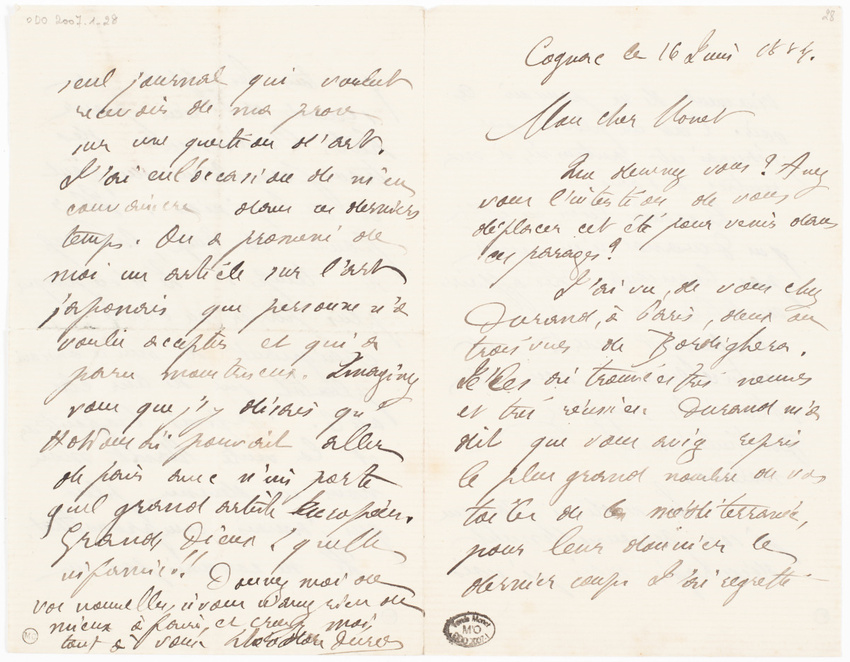 Lettre autographe signée de Théodore Duret à Claude Monet - Théodore ...