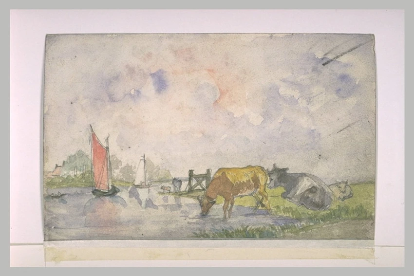 Vaches s'abreuvant, ou couchées, au bord d'une rivière - Blanche Derousse | Musée d'Orsay