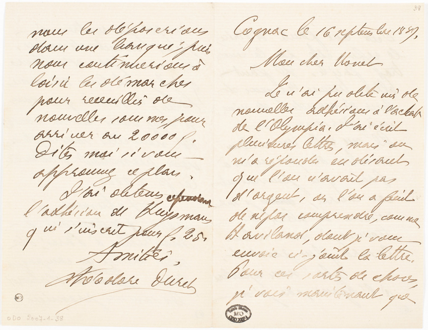 Lettre autographe signée de Théodore Duret à Claude Monet - Théodore ...