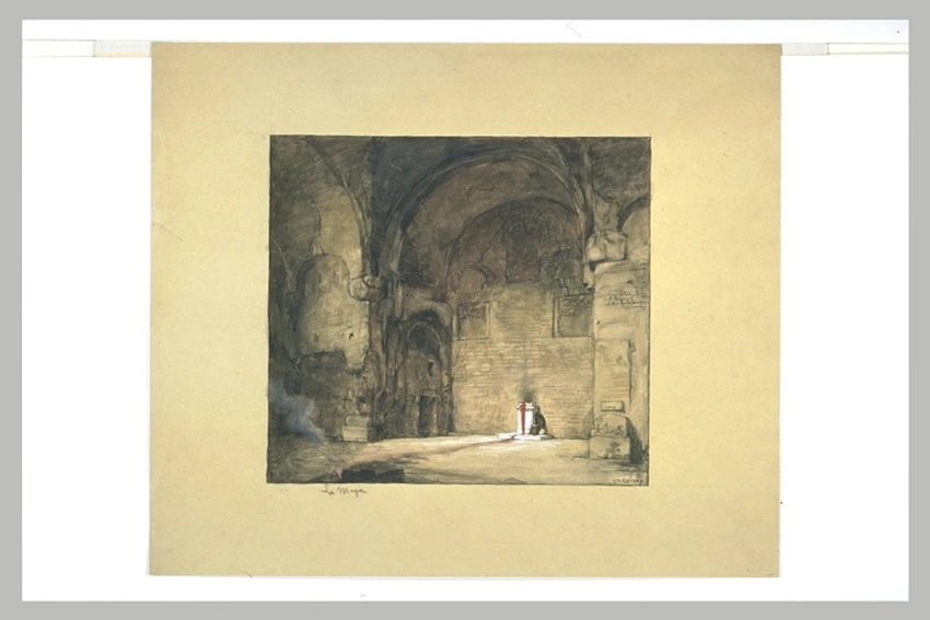 Autel sur lequel coule du sang dans une salle voûtée - Auguste Leroux ...