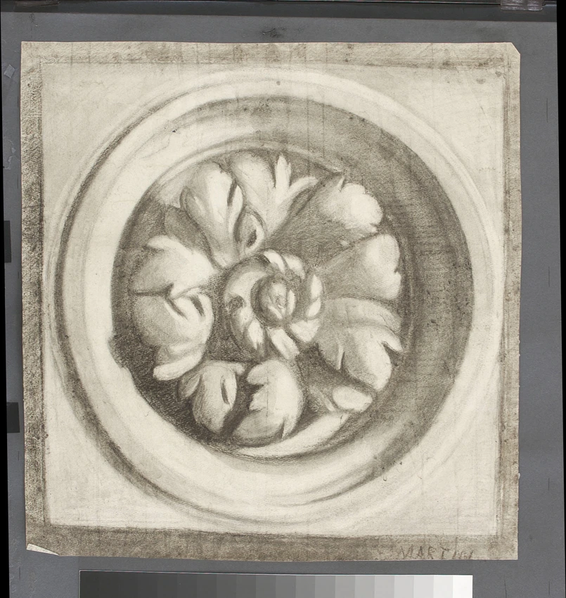 Motif décoratif d'architecture, fleur dans une moulure circulaire et ...