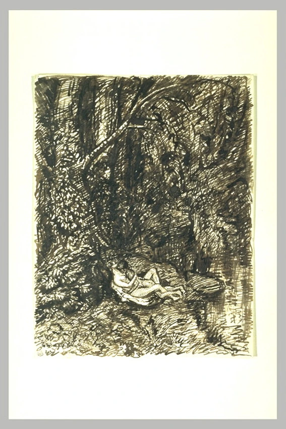 Couple étendu au pied d'un arbre, enlacé et nu, au bord de l'eau - Théophile Alexandre Steinlen ...