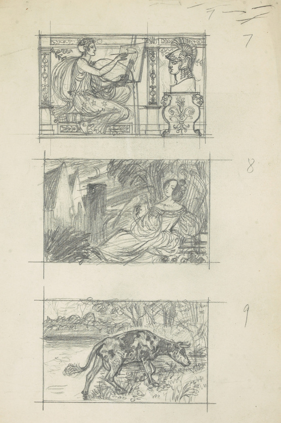 Trois vignettes, femme vêtue à l'antique copiant un marbre antique ...