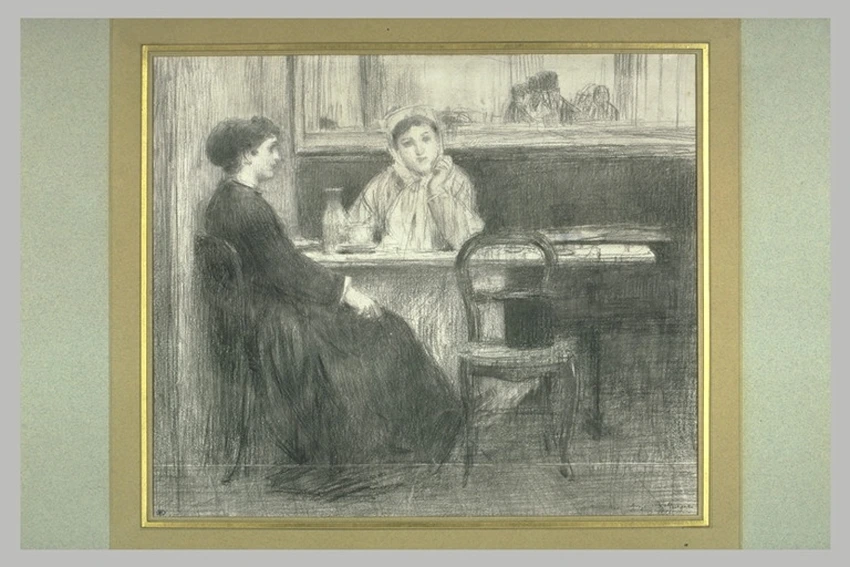 Deux femmes dont une pensive, assises à la table d'un café - Georges ...