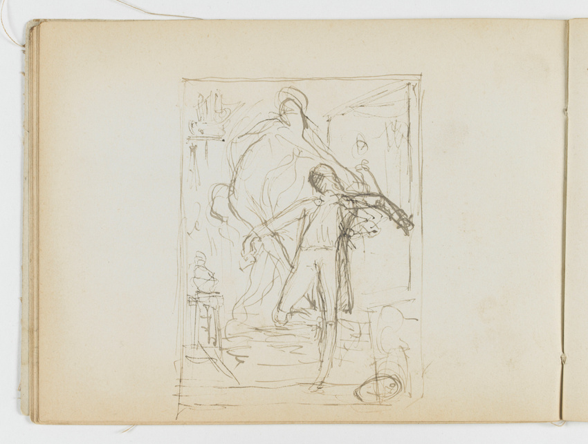 Sculpteur dans son atelier debout devant une statue colossale ...