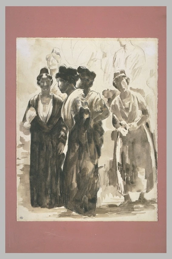 Arlésiennes en costume se dirigeant vers la gauche ; en haut, croquis ...