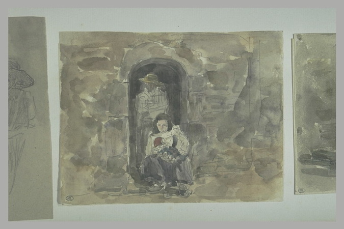 Femme, assise, tenant un poupon et un homme dans l'embrasure d'une ...
