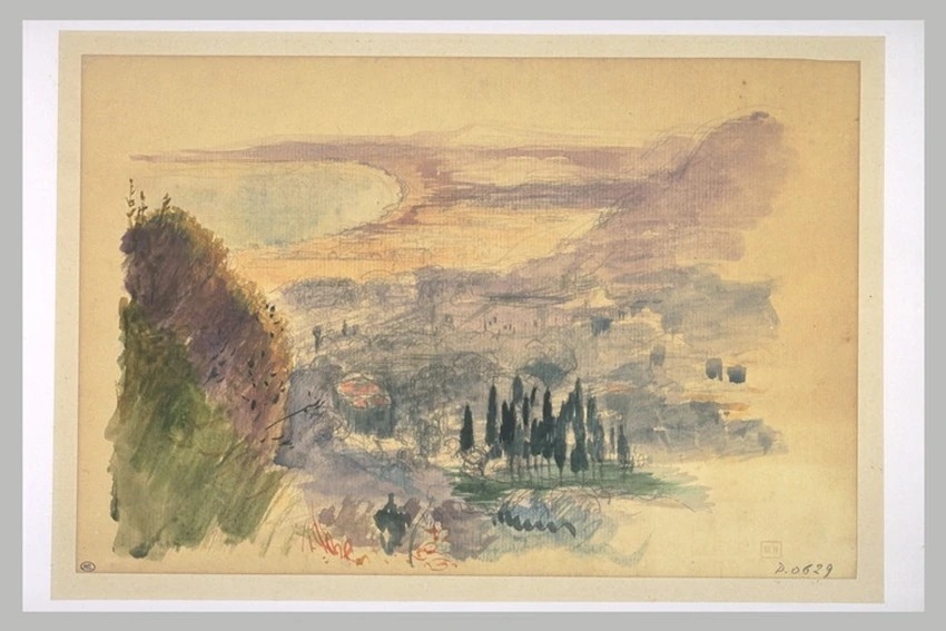 Bouquet de cyprès entouré de maisons à toits rouges au premier plan d ...