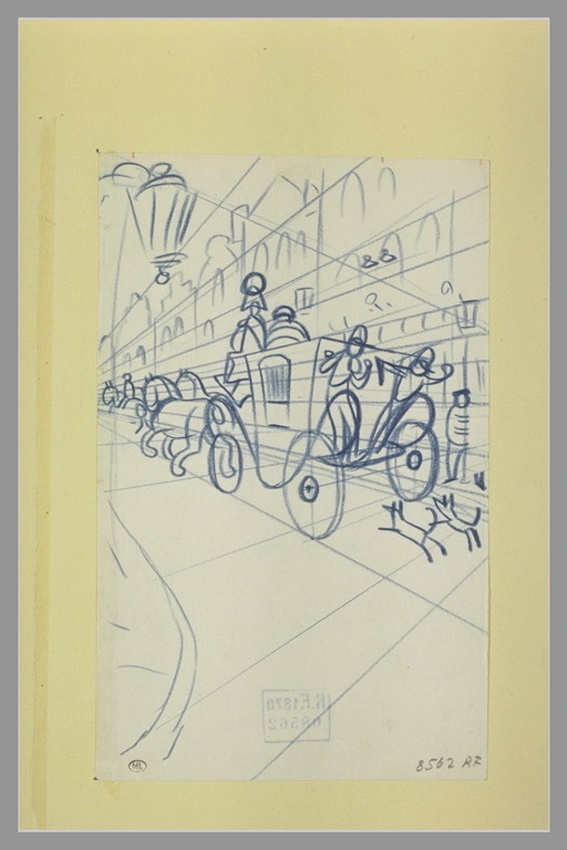 Carrosse avec laquais, suivant une rue - Caran d'Ache | Musée d'Orsay