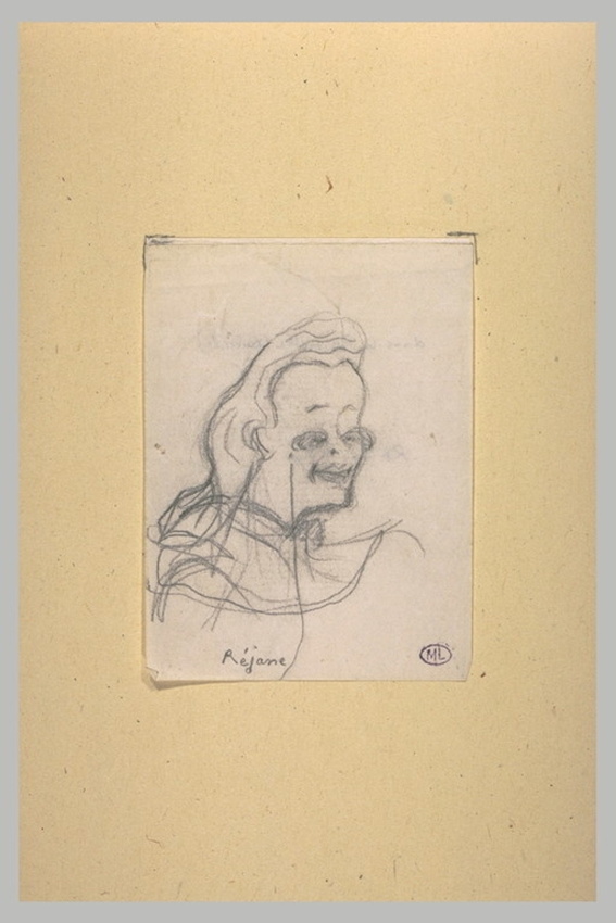 Croquis caricatural d'une femme, en buste, un lorgnon sur les yeux ...