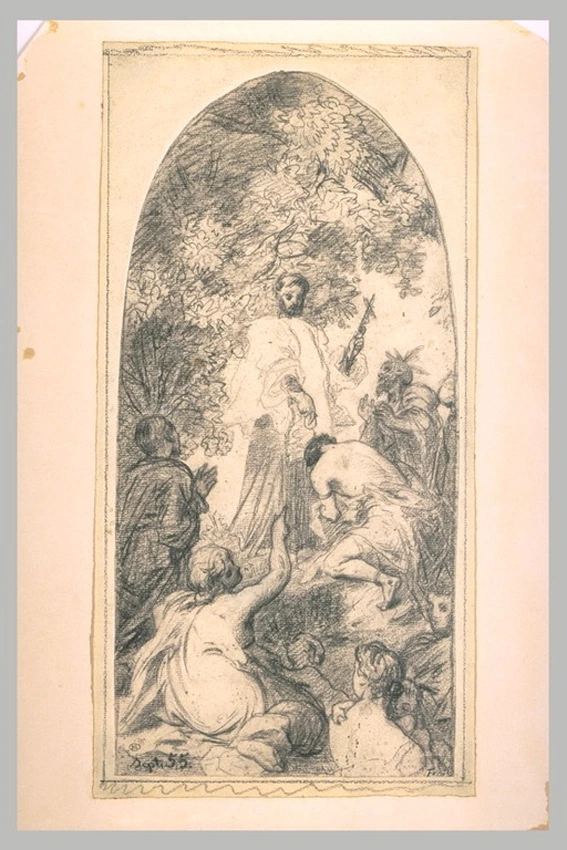 Prêtre tenant un crucifix, baptisant un homme, prosterné devant lui ...